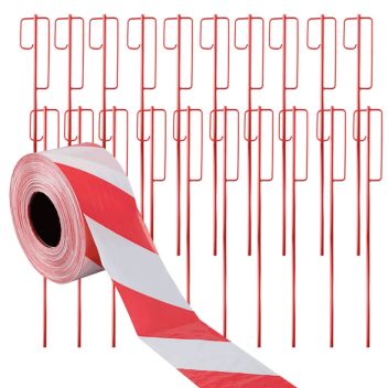 Absperrband aus PE auf Rolle, Abrollkarton, rot/weiß schraffiert, 500 m